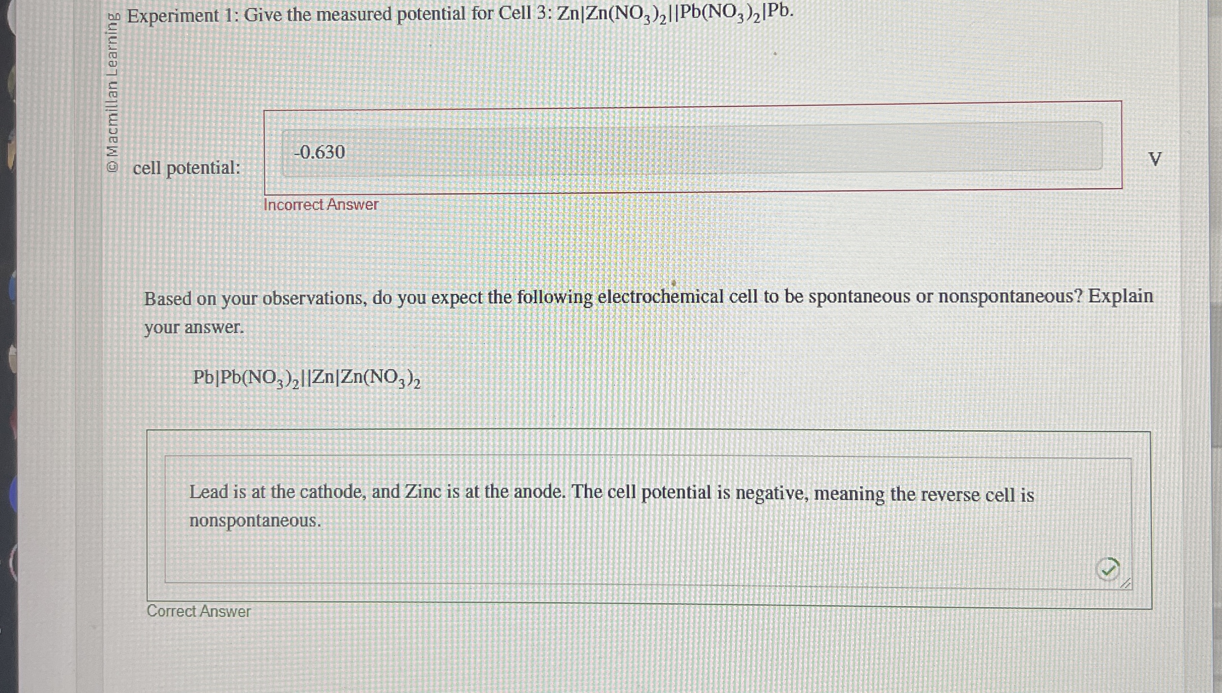 Solved Experiment 1: Give the measured potential for Cell | Chegg.com