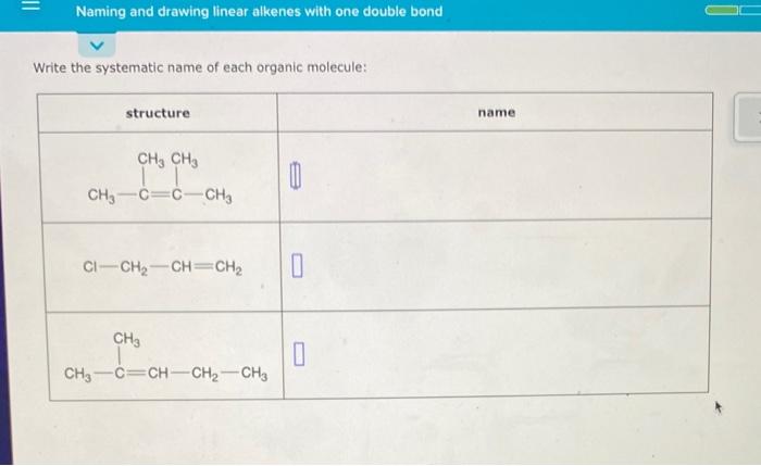 Solved Naming and drawing linear alkenes with one double | Chegg.com