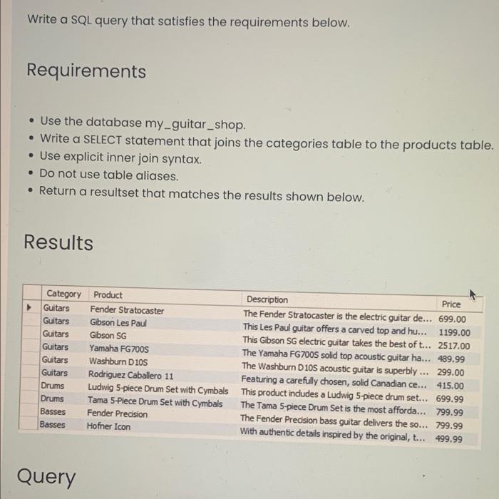 Solved Problem Write a SQL query that satisfies the | Chegg.com
