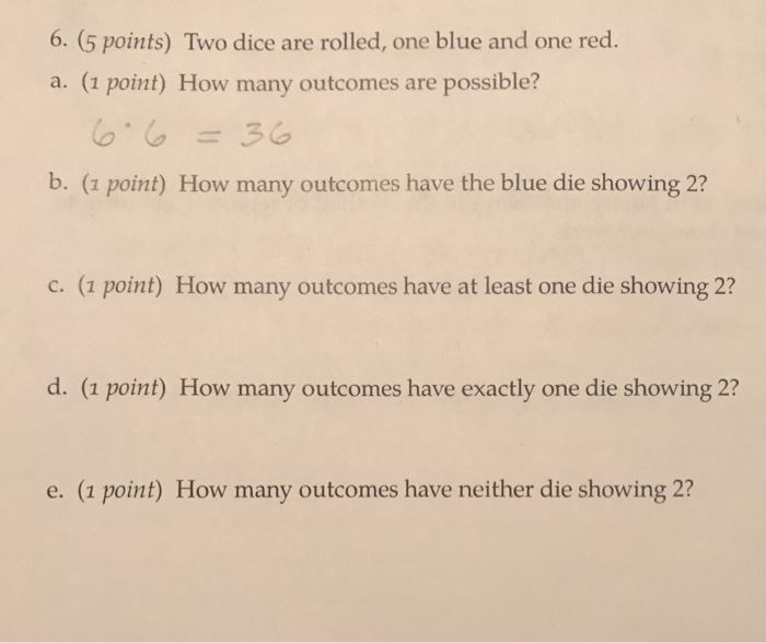Solved 6. (5 points) Two dice are rolled, one blue and one | Chegg.com