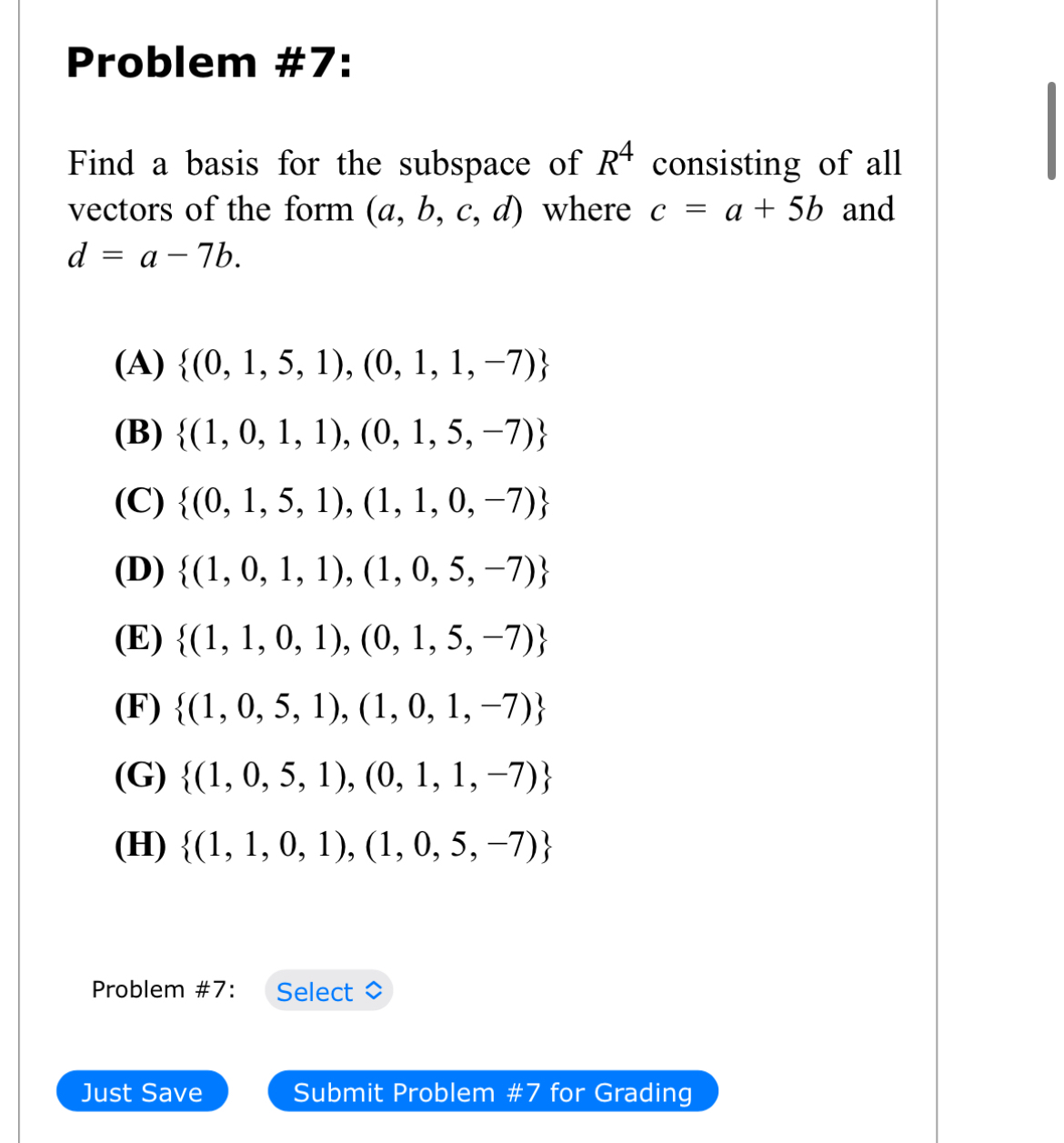 Solved Problem #7:Find a basis for the subspace of R4 | Chegg.com