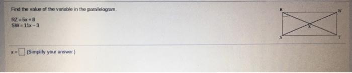 Solved Find the value of the variable in the parallelogram | Chegg.com