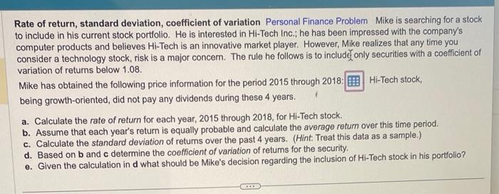 Solved Rate of return, standard deviation, coefficient of | Chegg.com