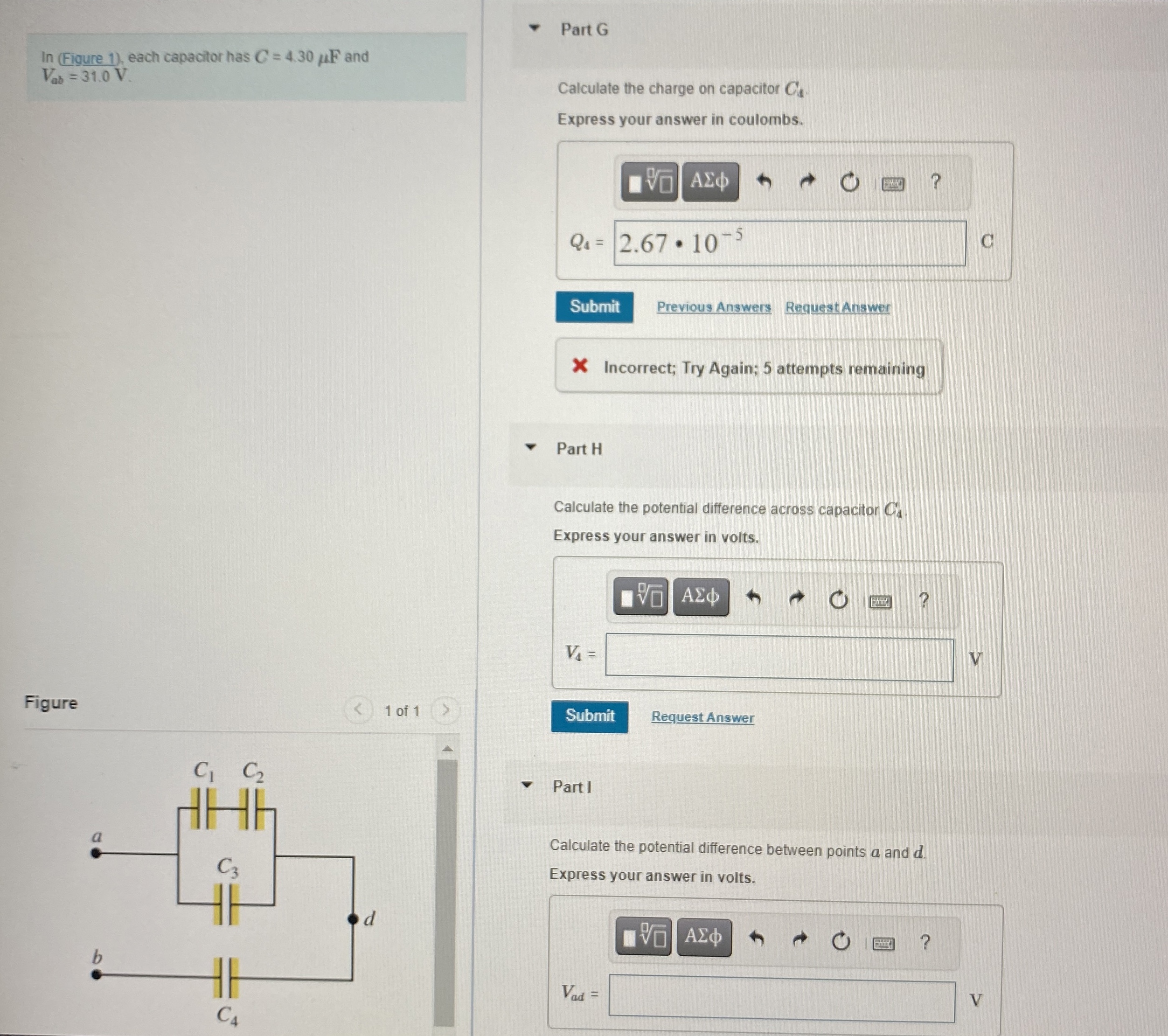 Solved In (Figure 1), ﻿each capacitor has C=4.30μF ﻿and | Chegg.com