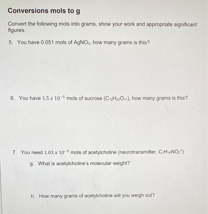Solved Conversions mols to g Convert the following mols into | Chegg.com