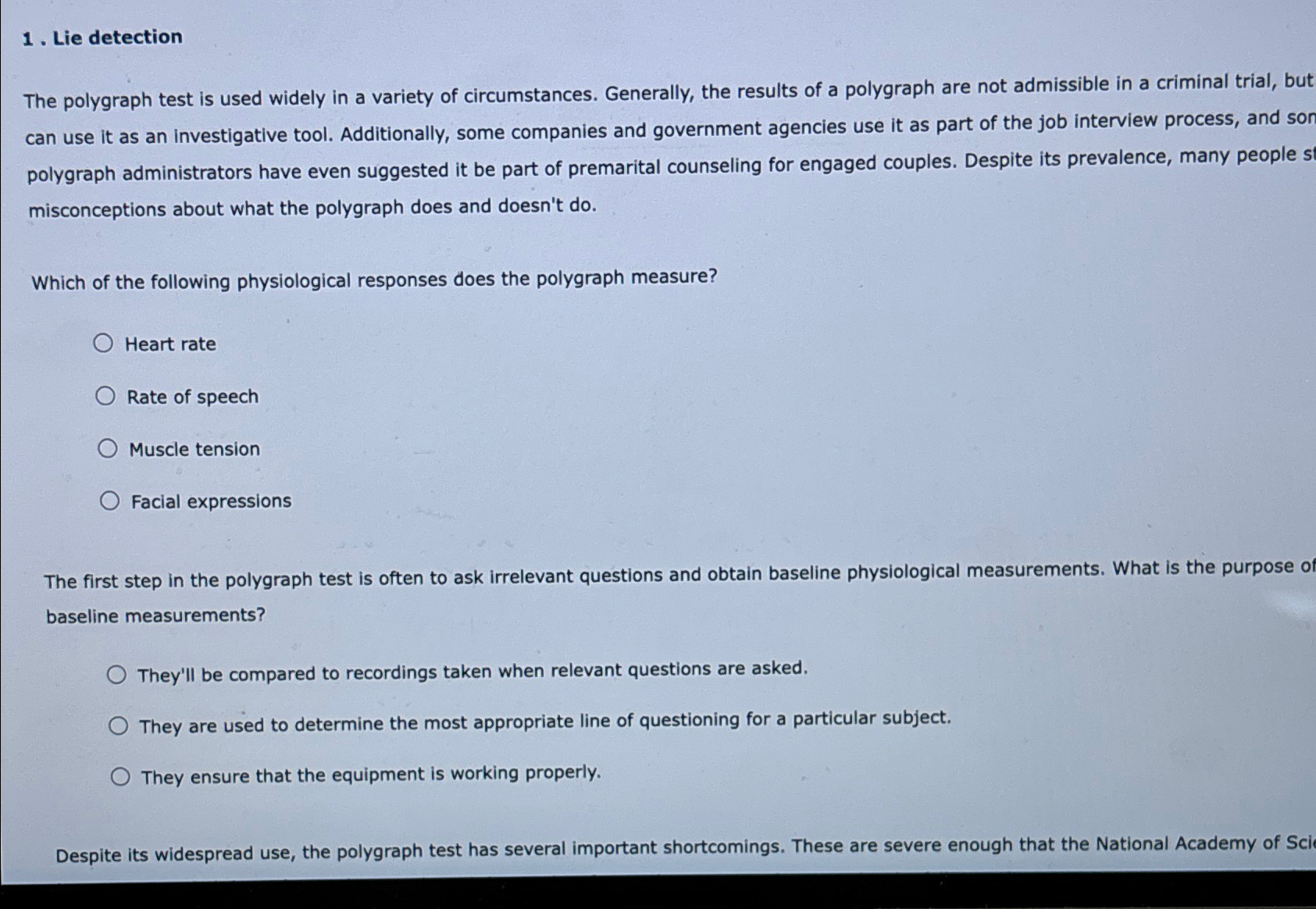 Solved Lie detectionThe polygraph test is used widely in a | Chegg.com
