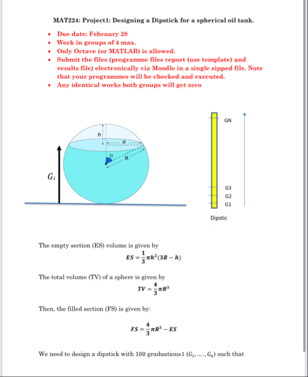 Solved MAT224: Project1: Designing a Dipstick for a | Chegg.com