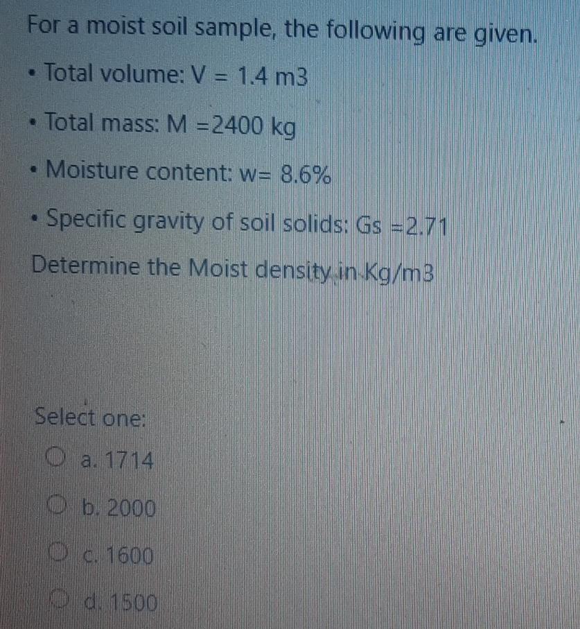 Solved For a moist soil sample, the following are given. • | Chegg.com