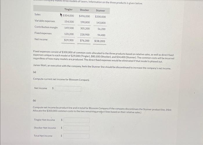 Solved Fixed expenses consist of $300,000 of common costs | Chegg.com