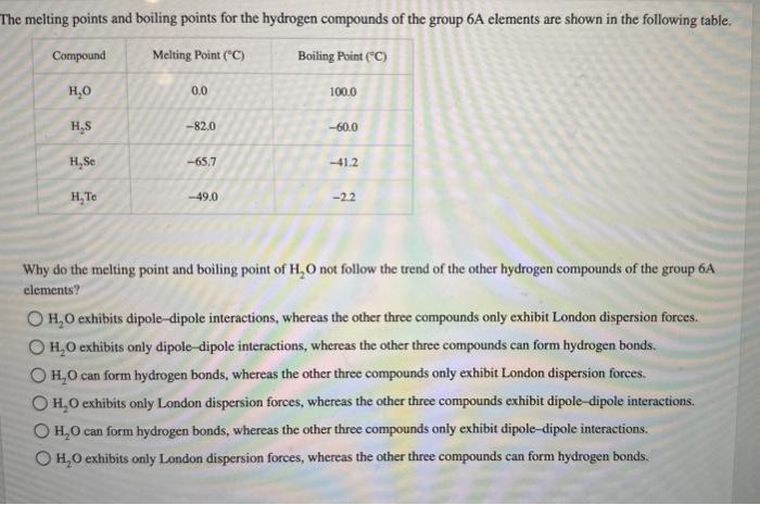 Solved he melting points and boiling points for the hydrogen | Chegg.com
