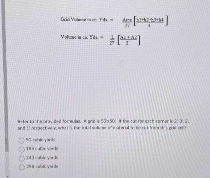 Solved Grid Volume in cu. Yds. =27 Area [4h1+h2+h3+h4] | Chegg.com