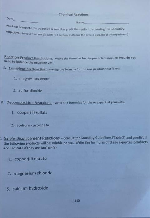 Solved Pre-Lab: complete the objective R reaction | Chegg.com