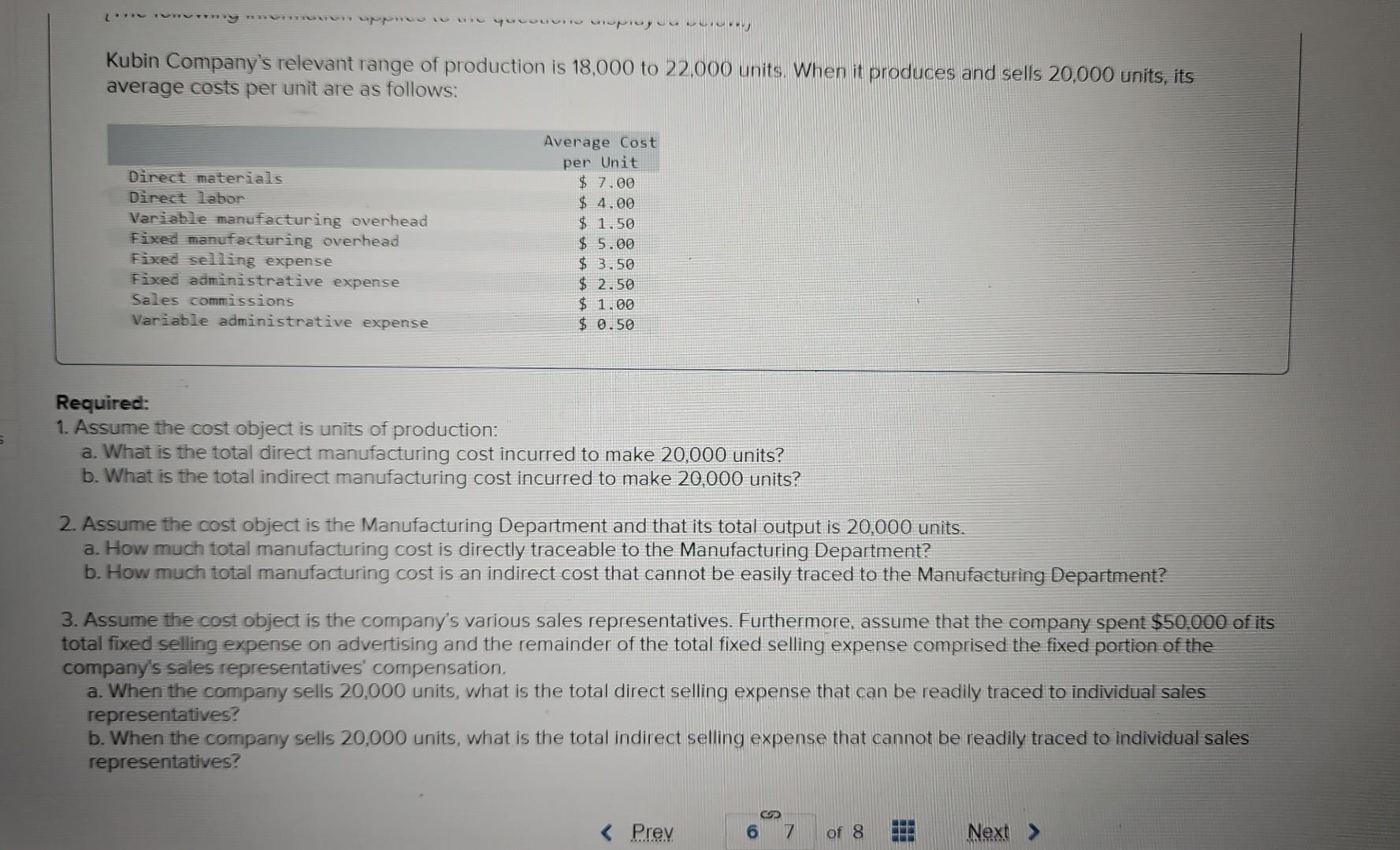 Solved Kubin Company's relevant range of production is | Chegg.com