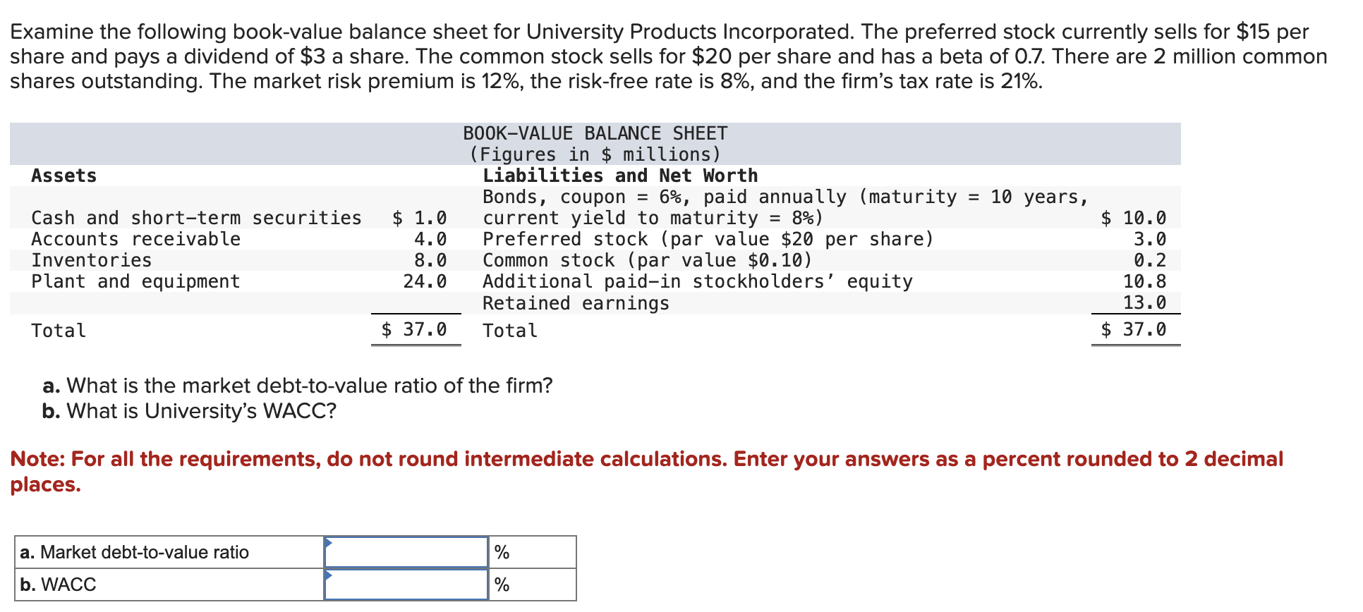 Solved Examine the following book-value balance sheet for | Chegg.com