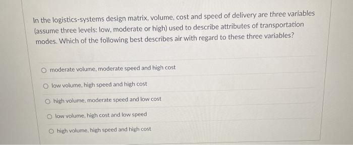 Solved In the logistics-systems design matrix, volume, cost | Chegg.com