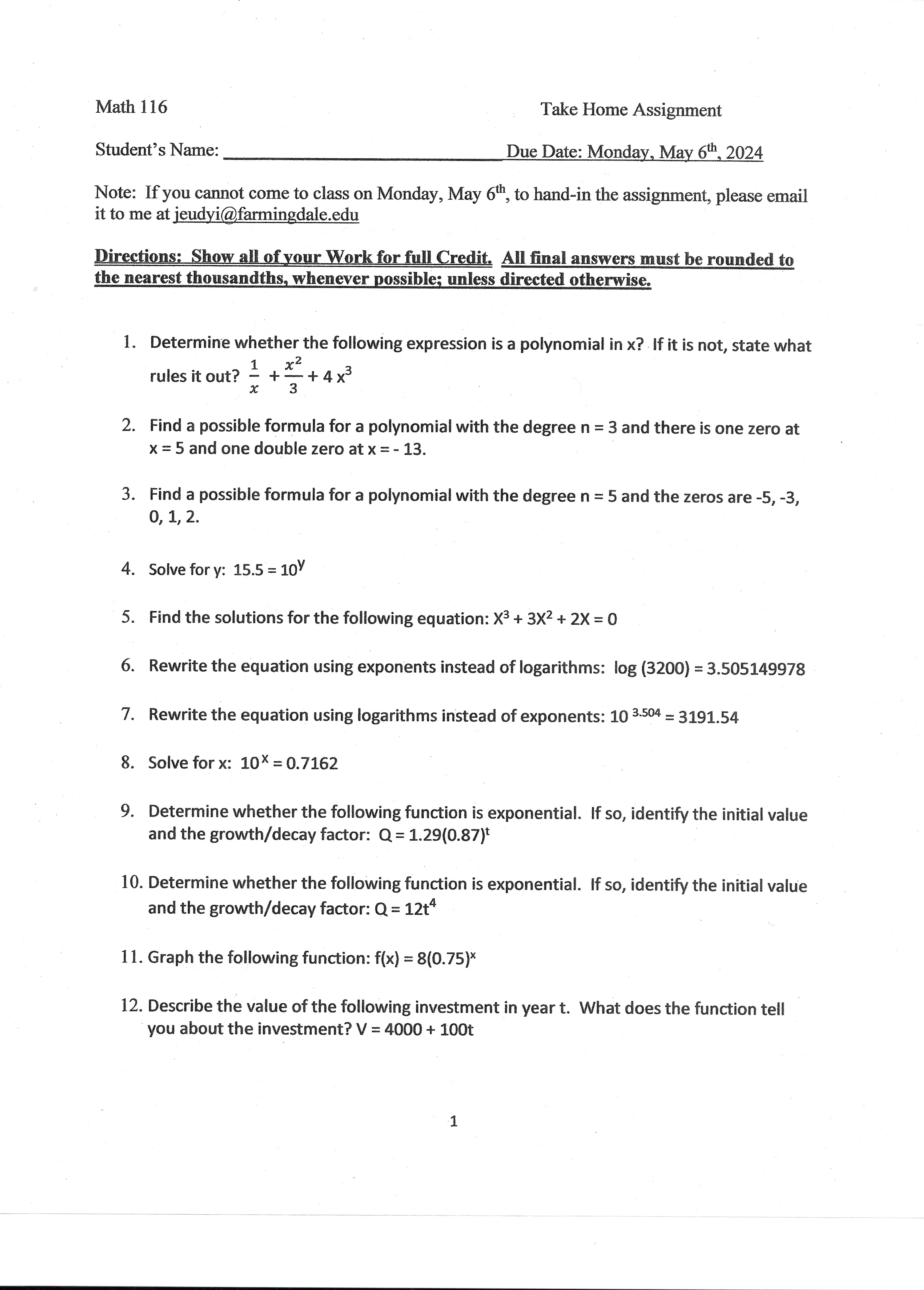 Solved Math 116Take Home AssignmentStudent's Name:Due Date: | Chegg.com