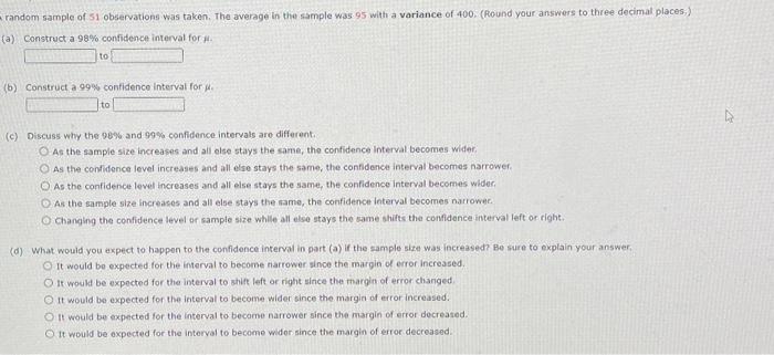 Solved Random Sample Of 51 Observations Was Taken The