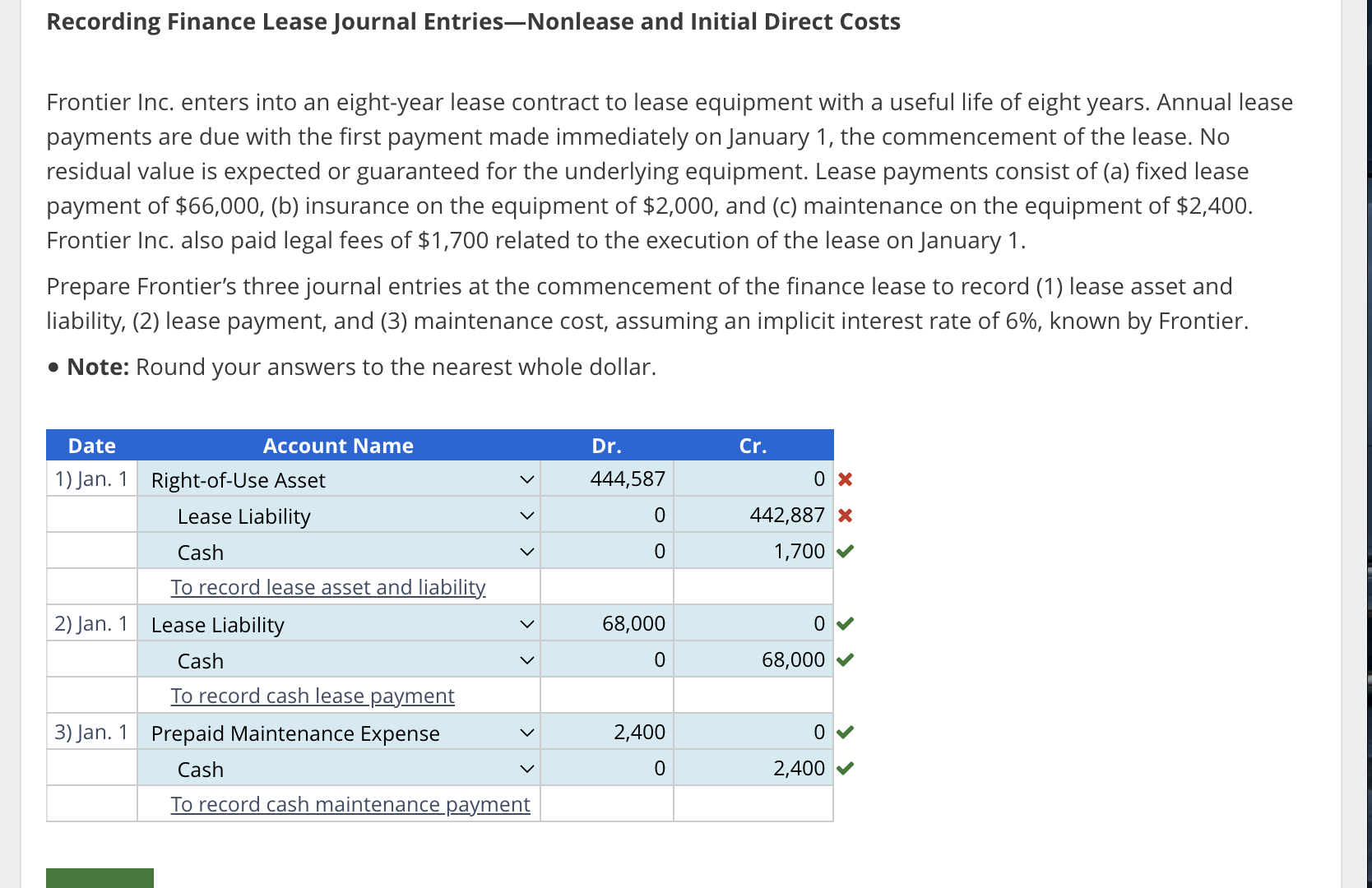 Recording Finance Lease Journal Entries-Nonlease and | Chegg.com