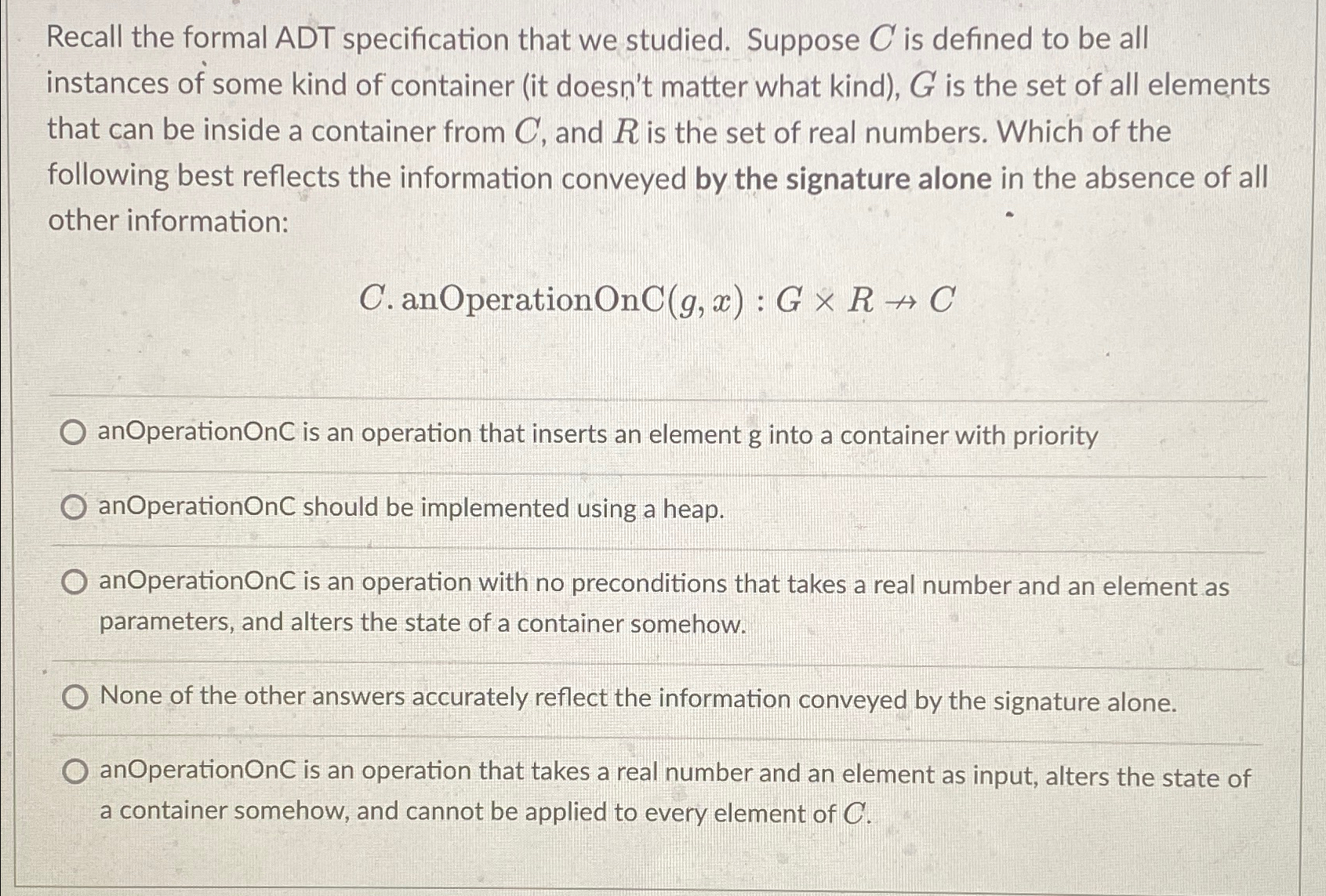 Solved Recall the formal ADT specification that we studied. | Chegg.com