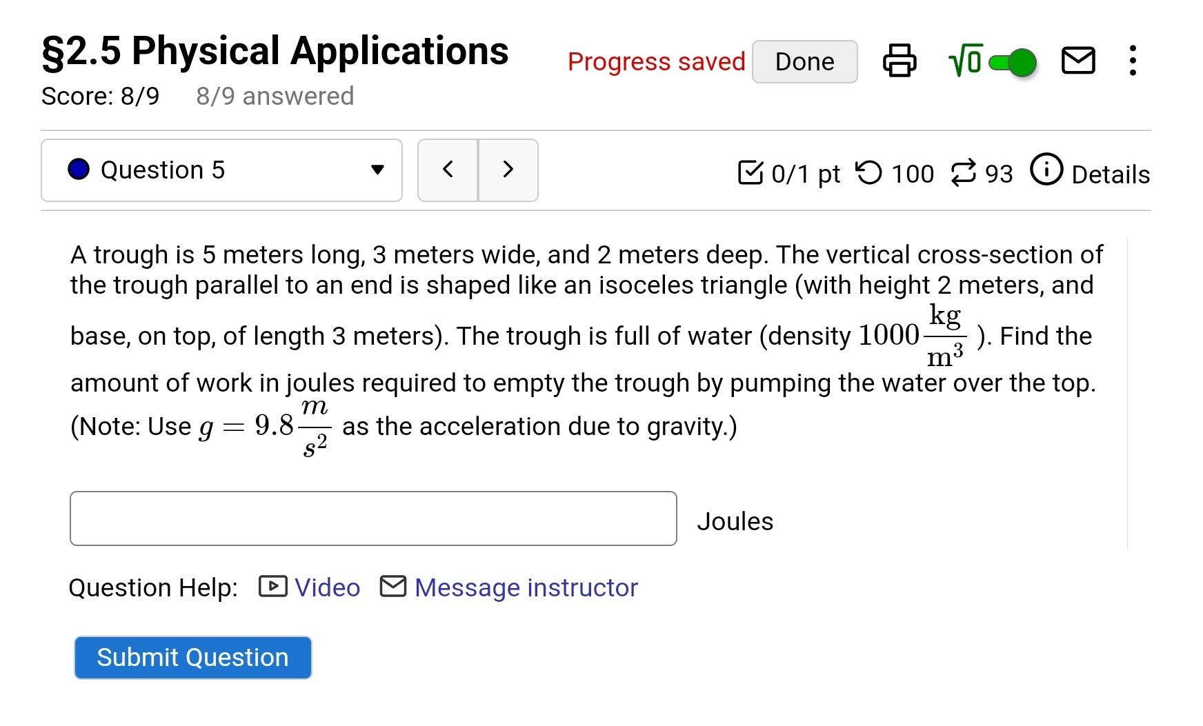 Solved A trough is 5 meters long, 3 meters wide, and 2 | Chegg.com