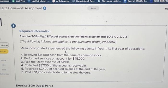 Solved ... Exercise 2-3A (Algo) Part a Saved Sign-up or | Chegg.com