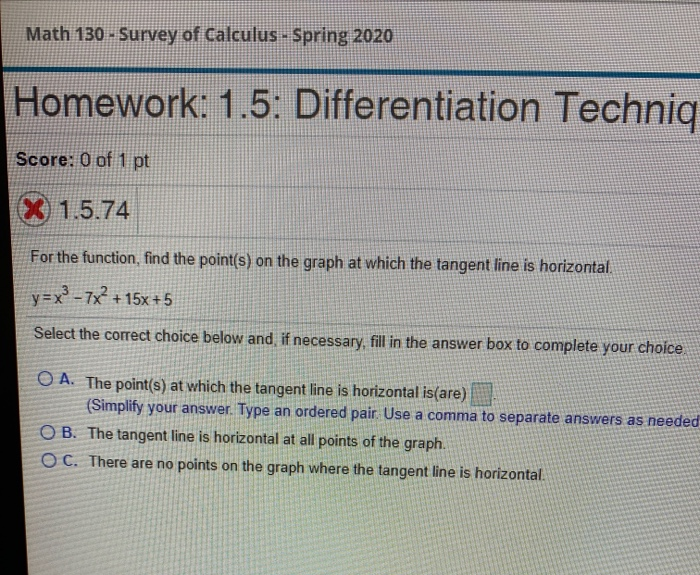Solved Math 130 - Survey of Calculus - Spring 2020 Homework: | Chegg.com
