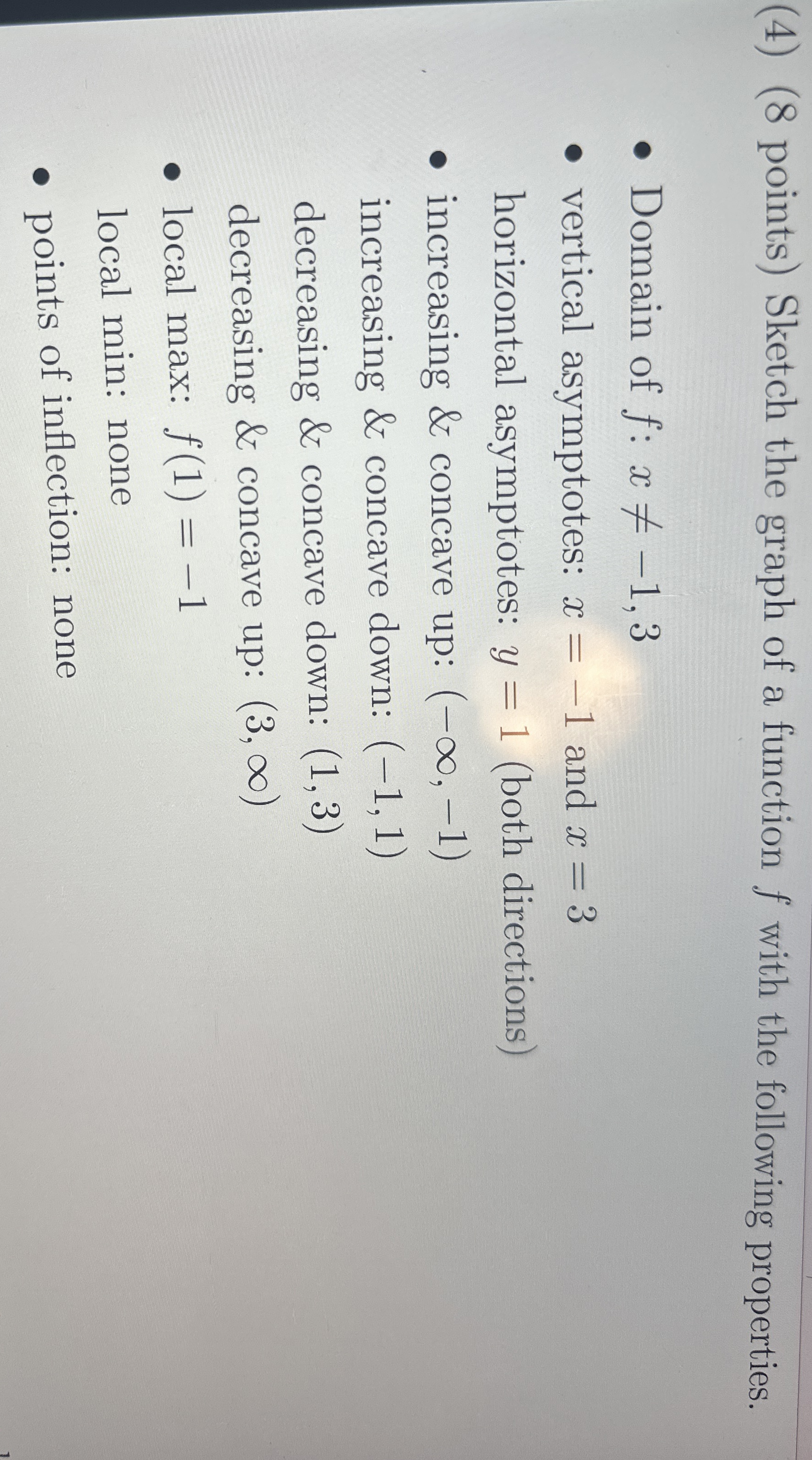 Solved (4) (8 ﻿points) ﻿Sketch the graph of a function f | Chegg.com
