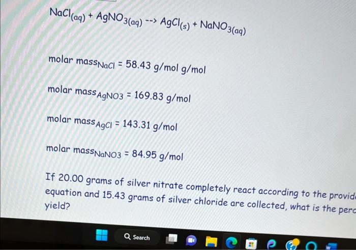 Solved NaCl(aq)+AgNO3(aq)→AgCl(s)+NaNO3(aq) molar | Chegg.com