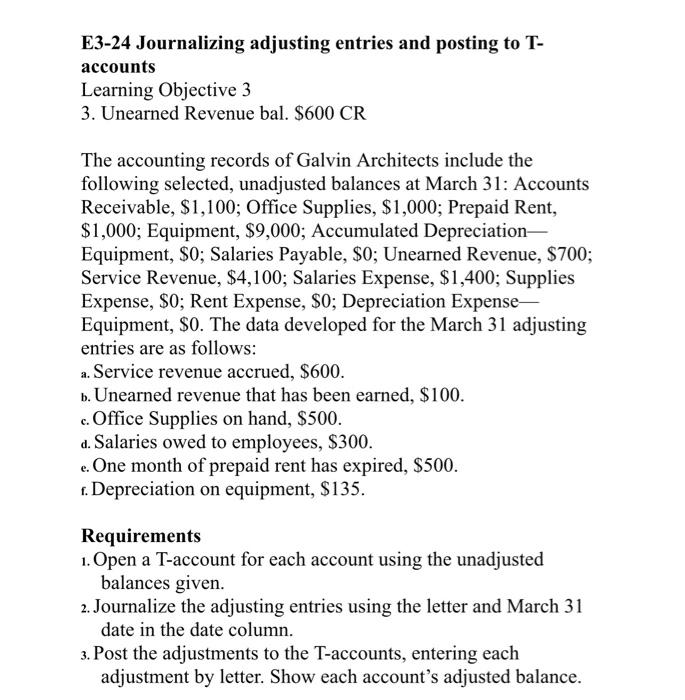 Solved E3-24 Journalizing adjusting entries and posting to | Chegg.com