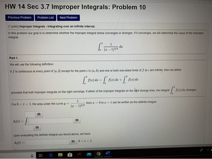 Solved HW 14 Sec 3.7 Improper Integrals: Problem 10 Previous | Chegg.com