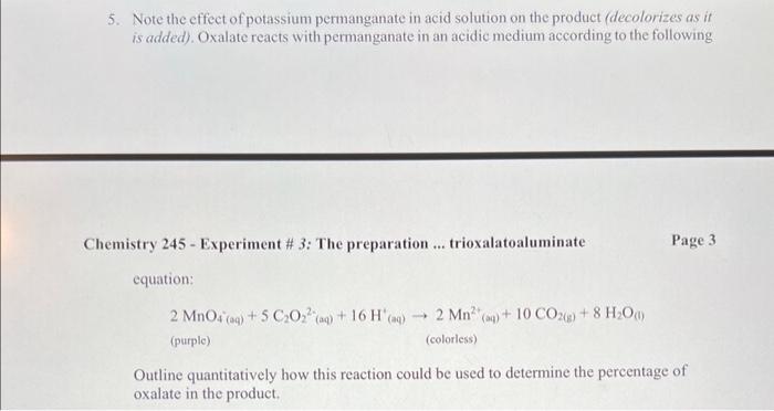 Solved 5. Note the effect of potassium permanganate in acid | Chegg.com