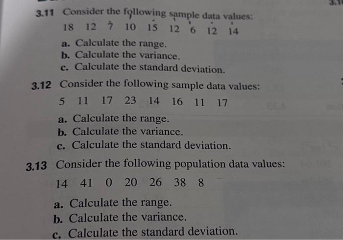 Solved 3.11 Consider the following sample data values: | Chegg.com