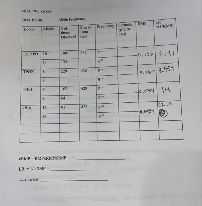 Solved RMP Worksheet DNA Profile Allele Frequency RMP LR | Chegg.com