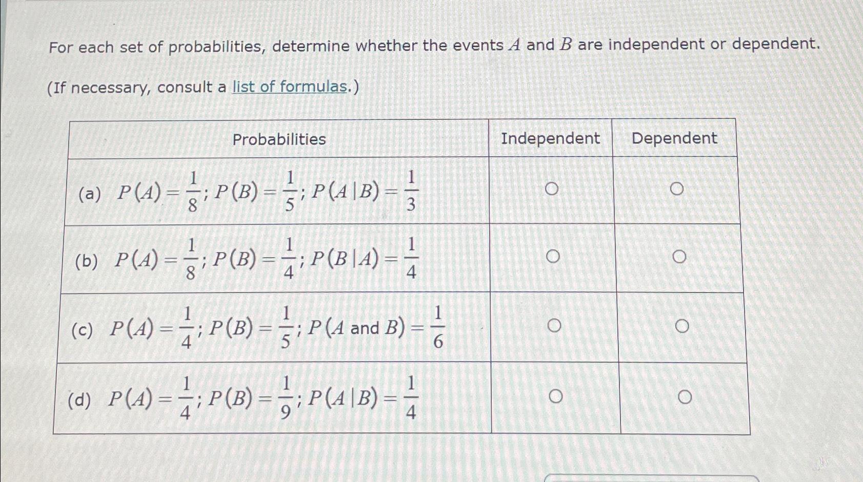 Solved For each set of probabilities, determine whether the | Chegg.com