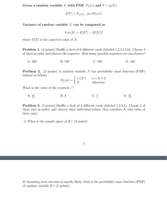 Solved Given a random variable X with PMF Px (x) and Y = | Chegg.com