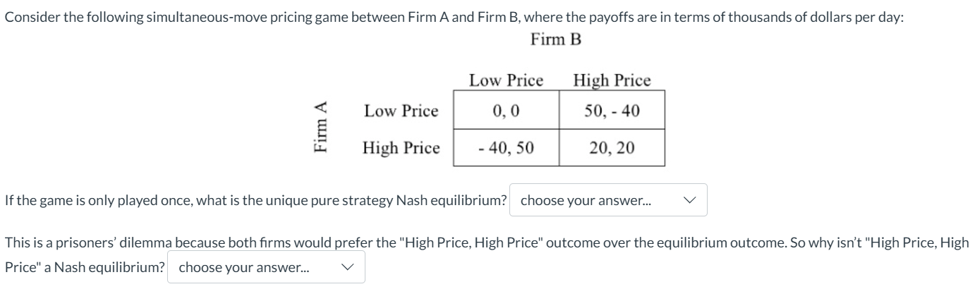 Solved Consider the following simultaneous-move pricing game | Chegg.com