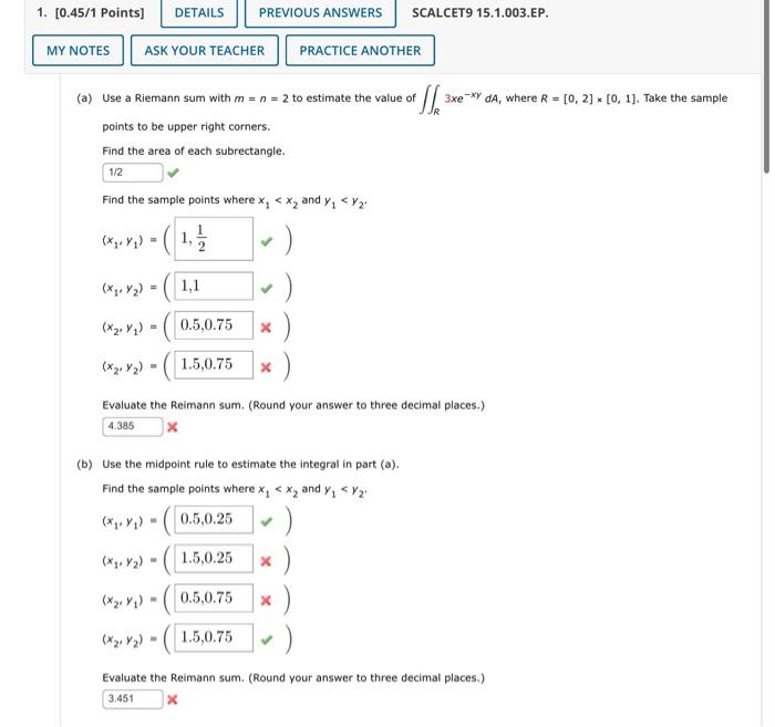 Solved (a) Use a Riemann sum with m=n=2 to estimate the | Chegg.com