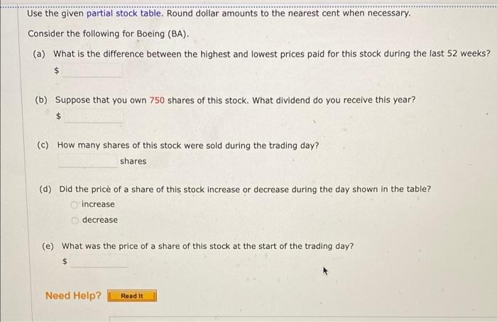 Solved Use the given partial stock table. Round dollar | Chegg.com