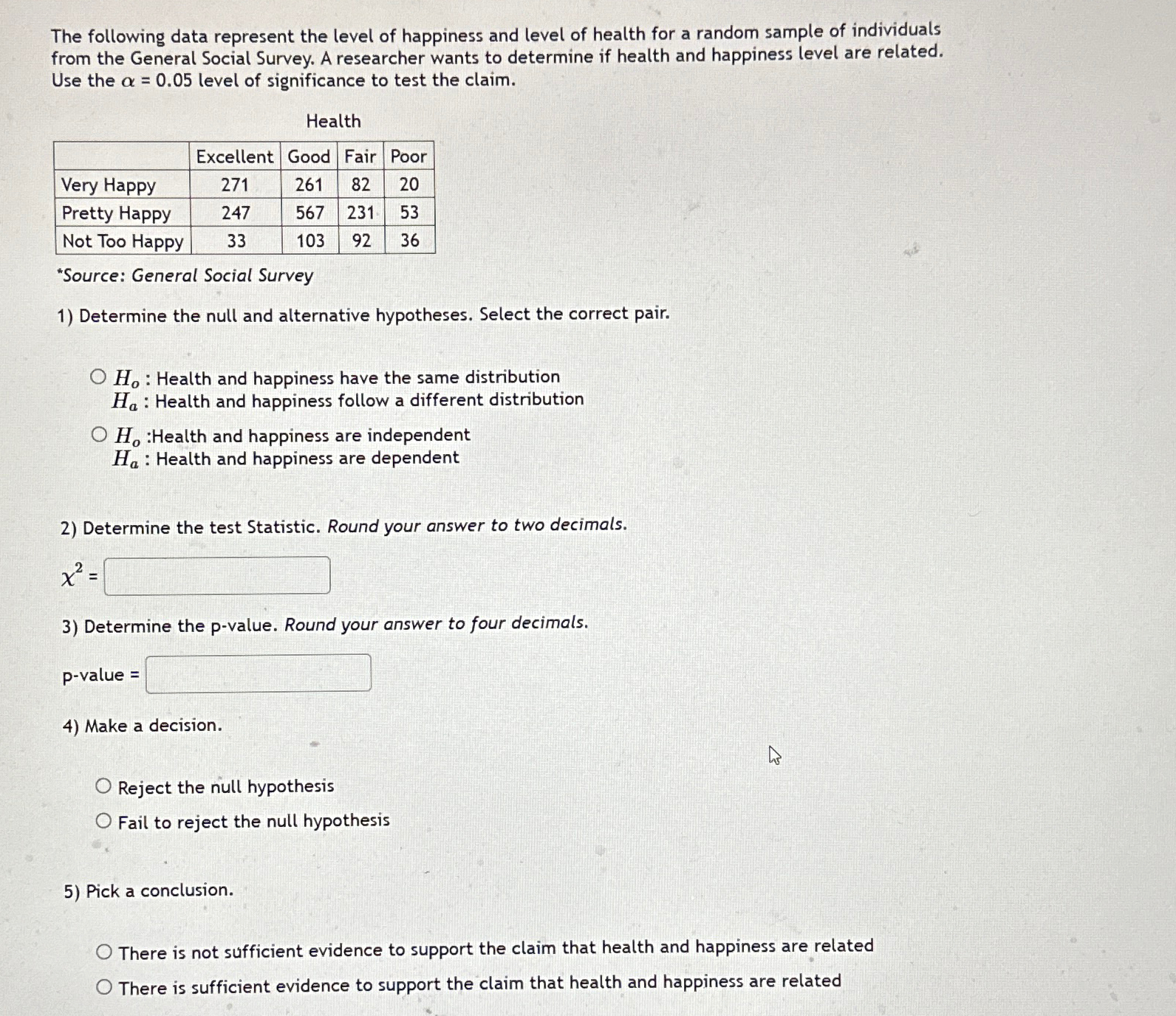 Solved The following data represent the level of happiness | Chegg.com