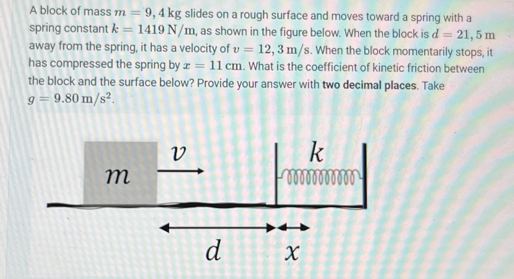 Solved A block of mass m=9,4kg ﻿slides on a rough surface | Chegg.com