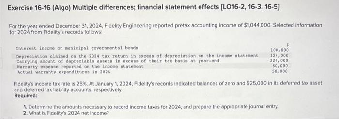 Solved Exercise 16-16 (Algo) Multiple differences; financial | Chegg.com