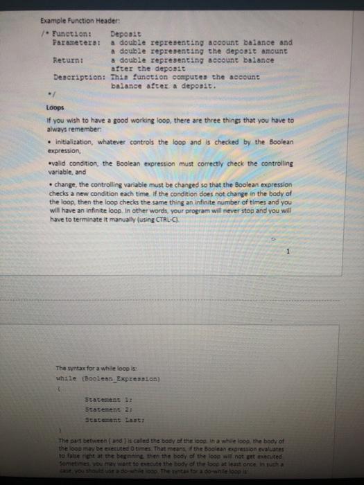 Solved Example Function Header: - Function: Deposit | Chegg.com