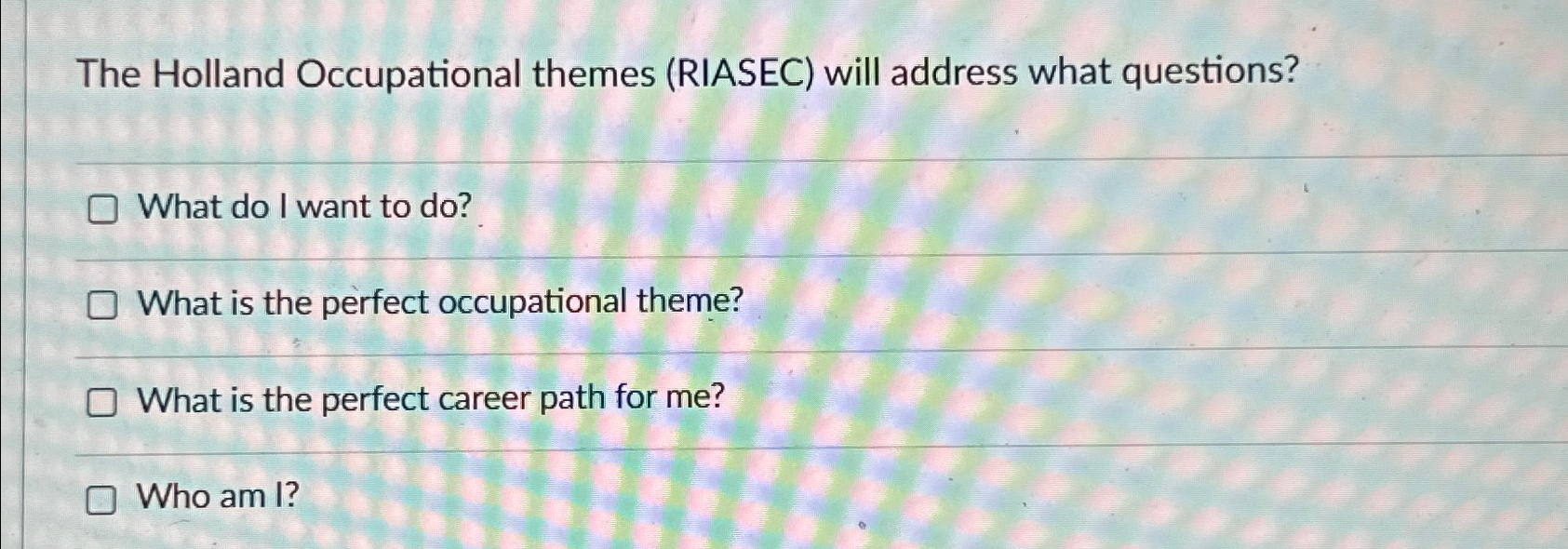 Solved The Holland Occupational themes (RIASEC) ﻿will | Chegg.com