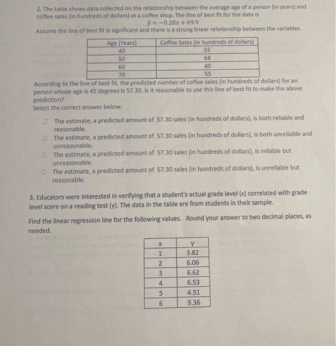 Solved 2. The table shows data collected on the relationship | Chegg.com