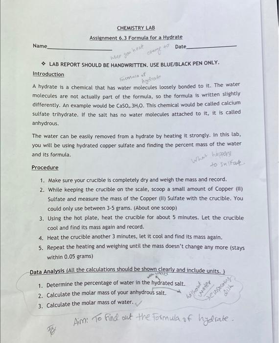 Solved CHEMISTRY LAB Assignment 6.3 Formula for a Hydrate | Chegg.com