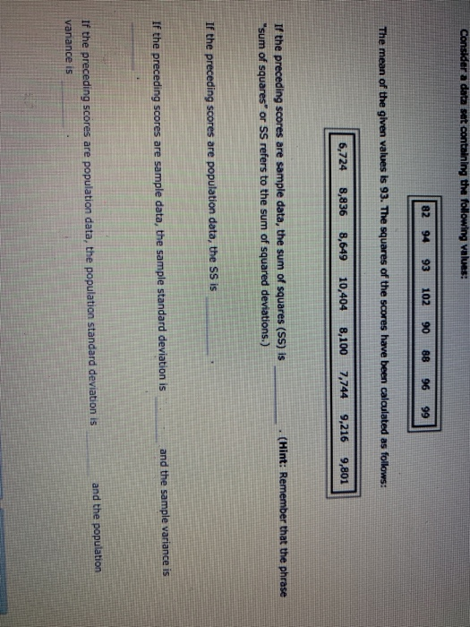 Solved Consider a data set containing the following values: | Chegg.com