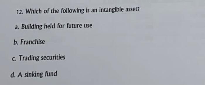 Solved 12. Which of the following is an intangible asset? a. | Chegg.com