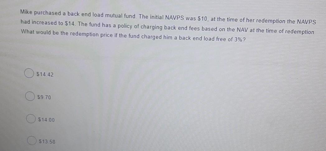 Solved Mike purchased a back end load mutual fund. The | Chegg.com