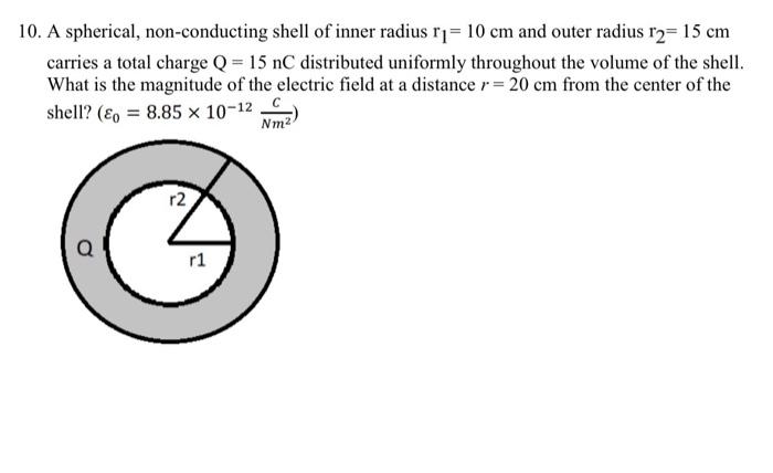 Solved 10. A spherical, non-conducting shell of inner radius | Chegg.com