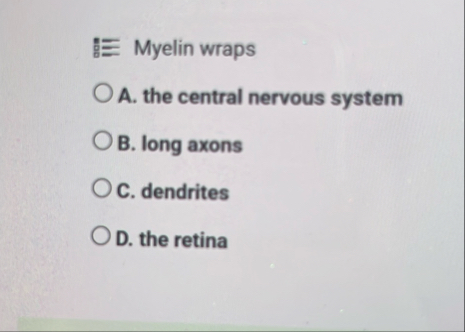 Solved Myelin wrapsA. ﻿the central nervous systemB. ﻿long | Chegg.com